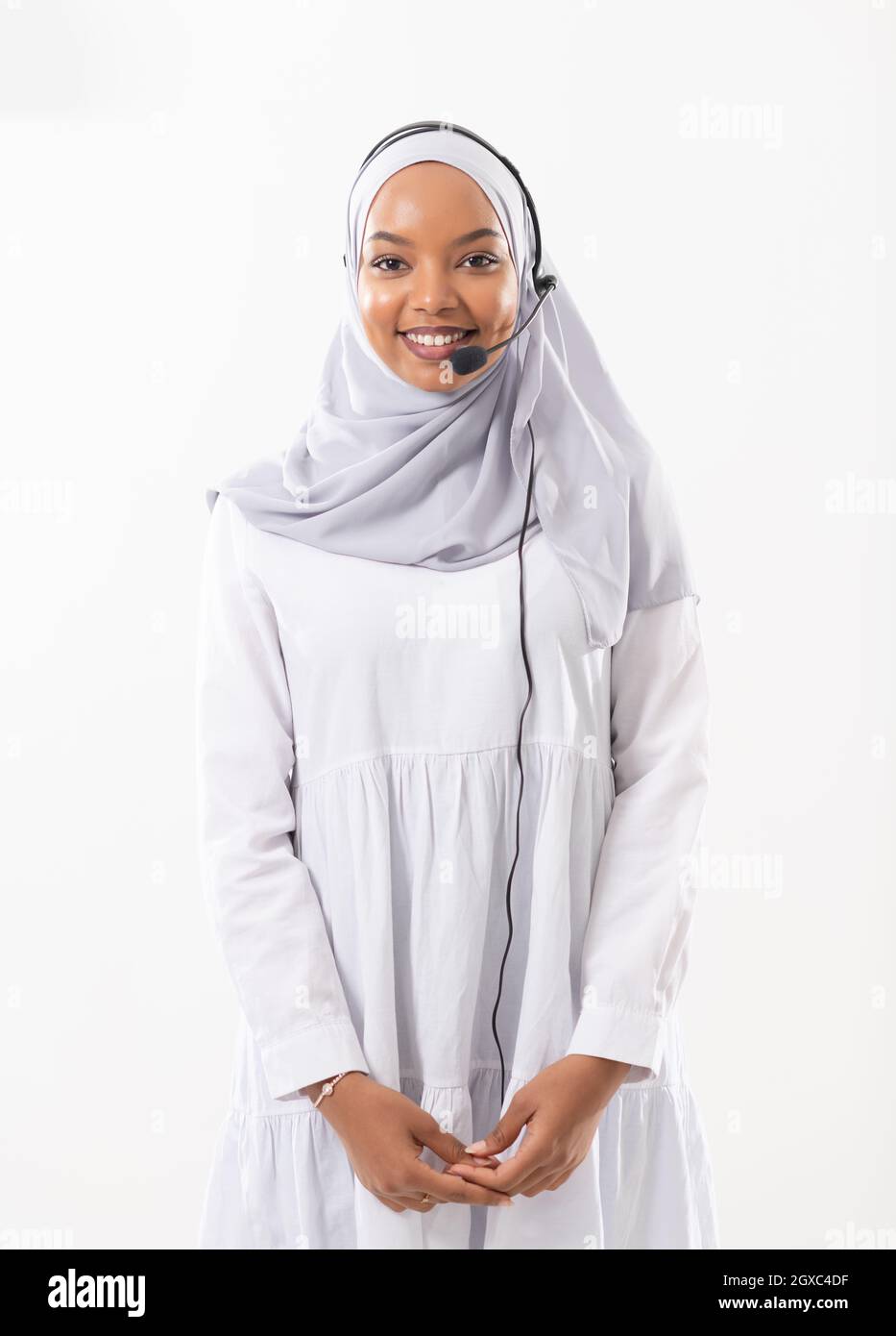 African muslim female with hijab scarf customer representative business ...