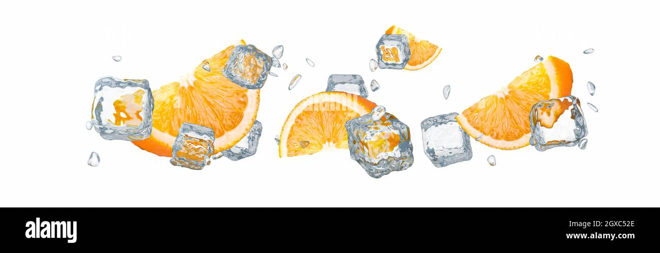 Pieces of oranges in water splash and ice cubes, isolated on white ...