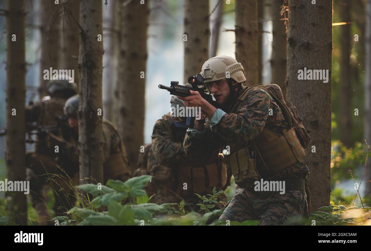 Modern warfare Soldiers Squad Running as Team in Battle Formation Stock ...