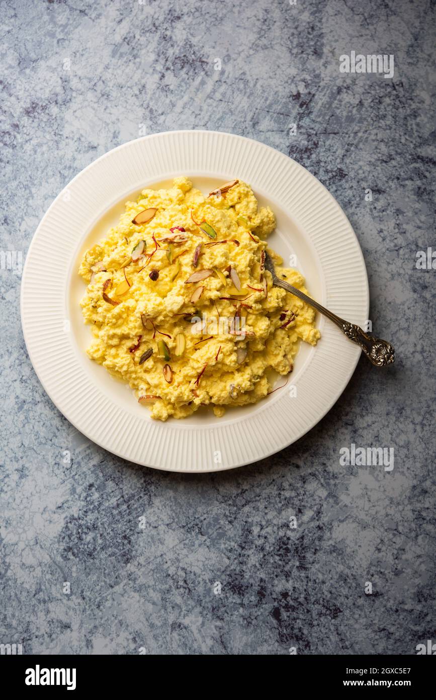 Saffron flavoured Kalakand is an Indian sweet made out of solidified ...