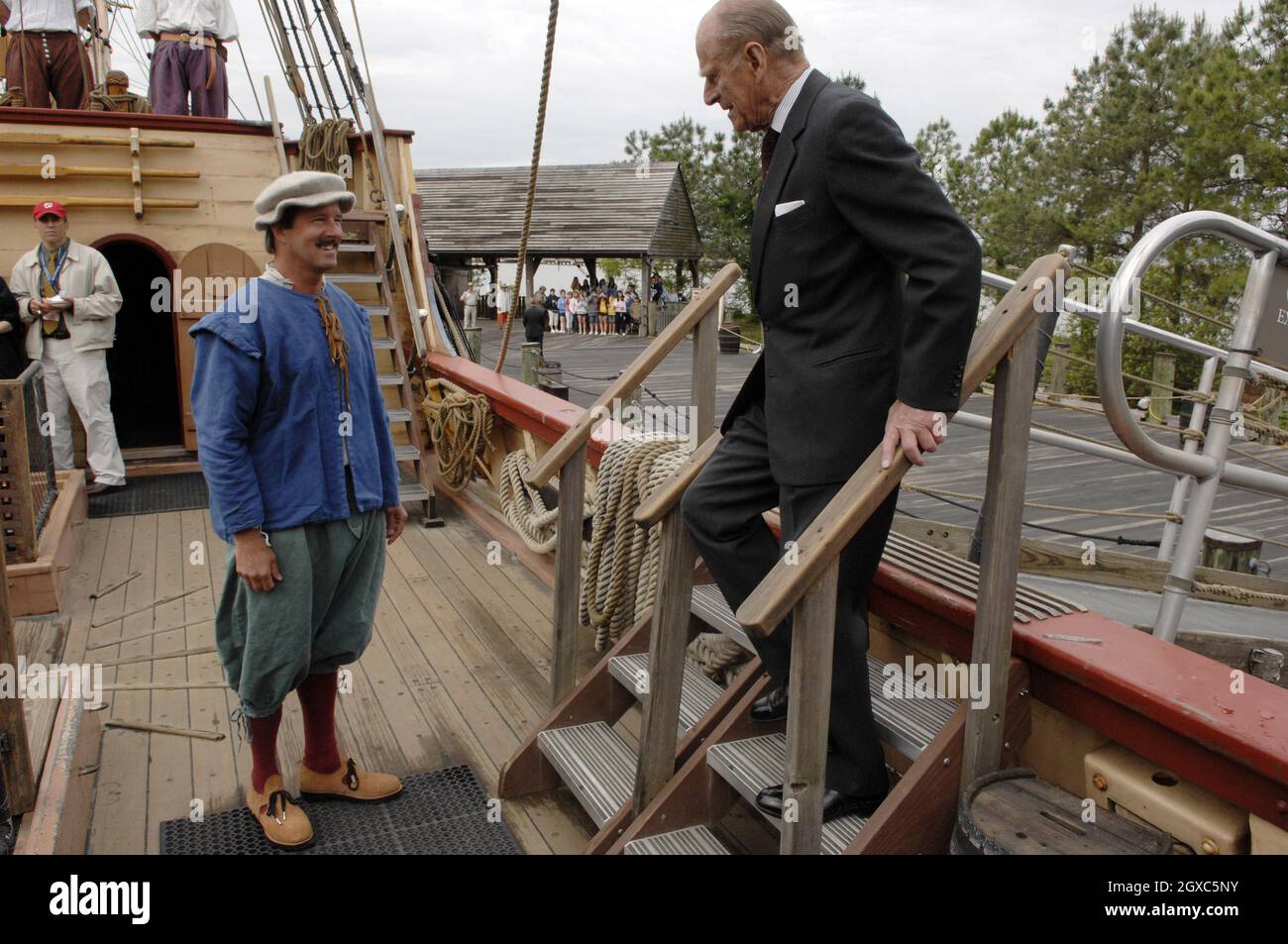 Prince Philip, Duke of Edinburgh is met by Captain Eric Speth as he ...