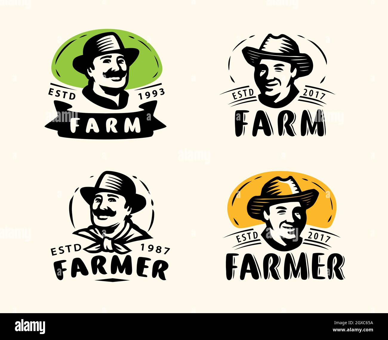 Portrait of happy farmer in hat, logo. Farm, agriculture set of labels ...