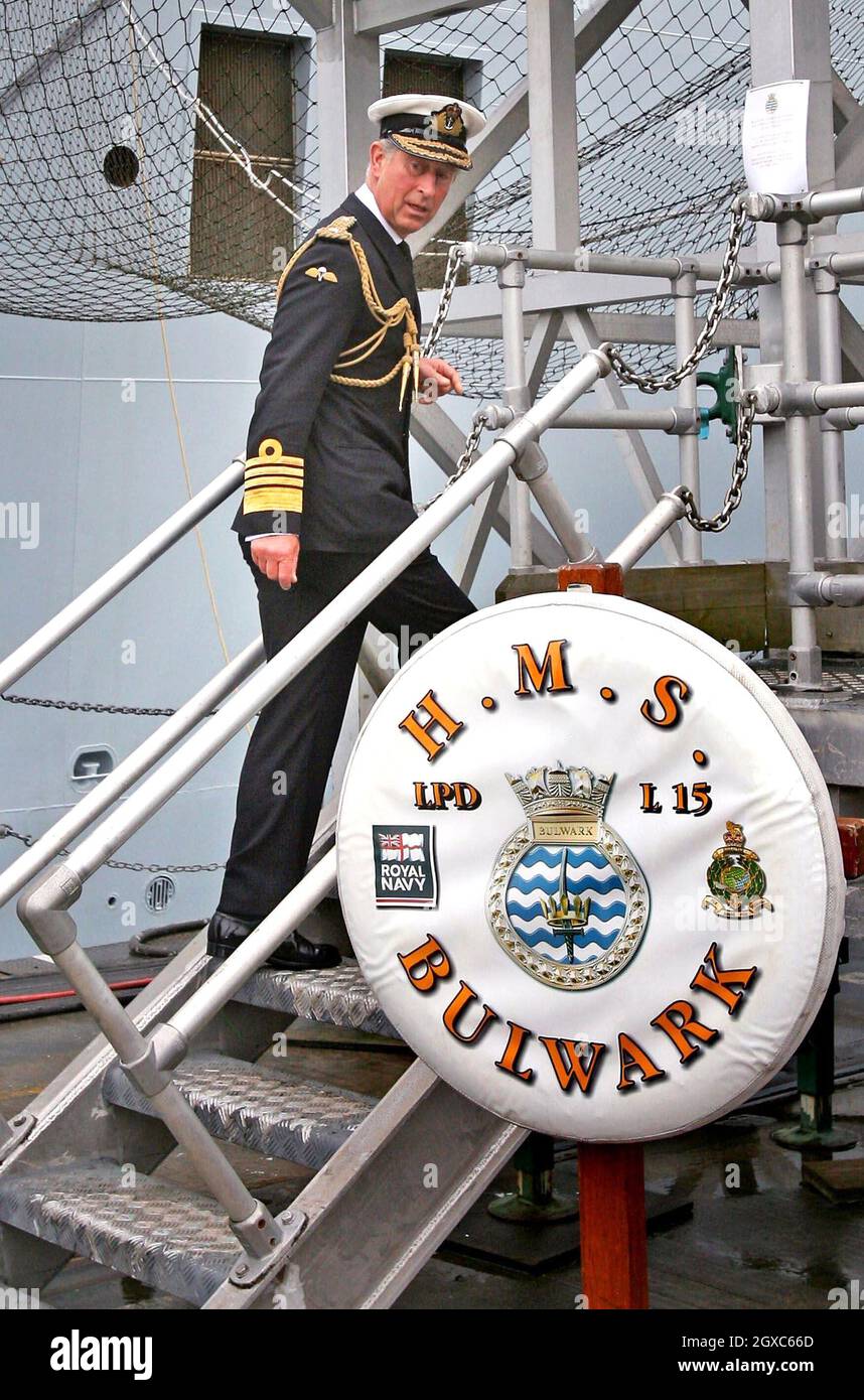 Prince Charles, Prince of Wales goes aboard HMS Bulwark during a tour ...