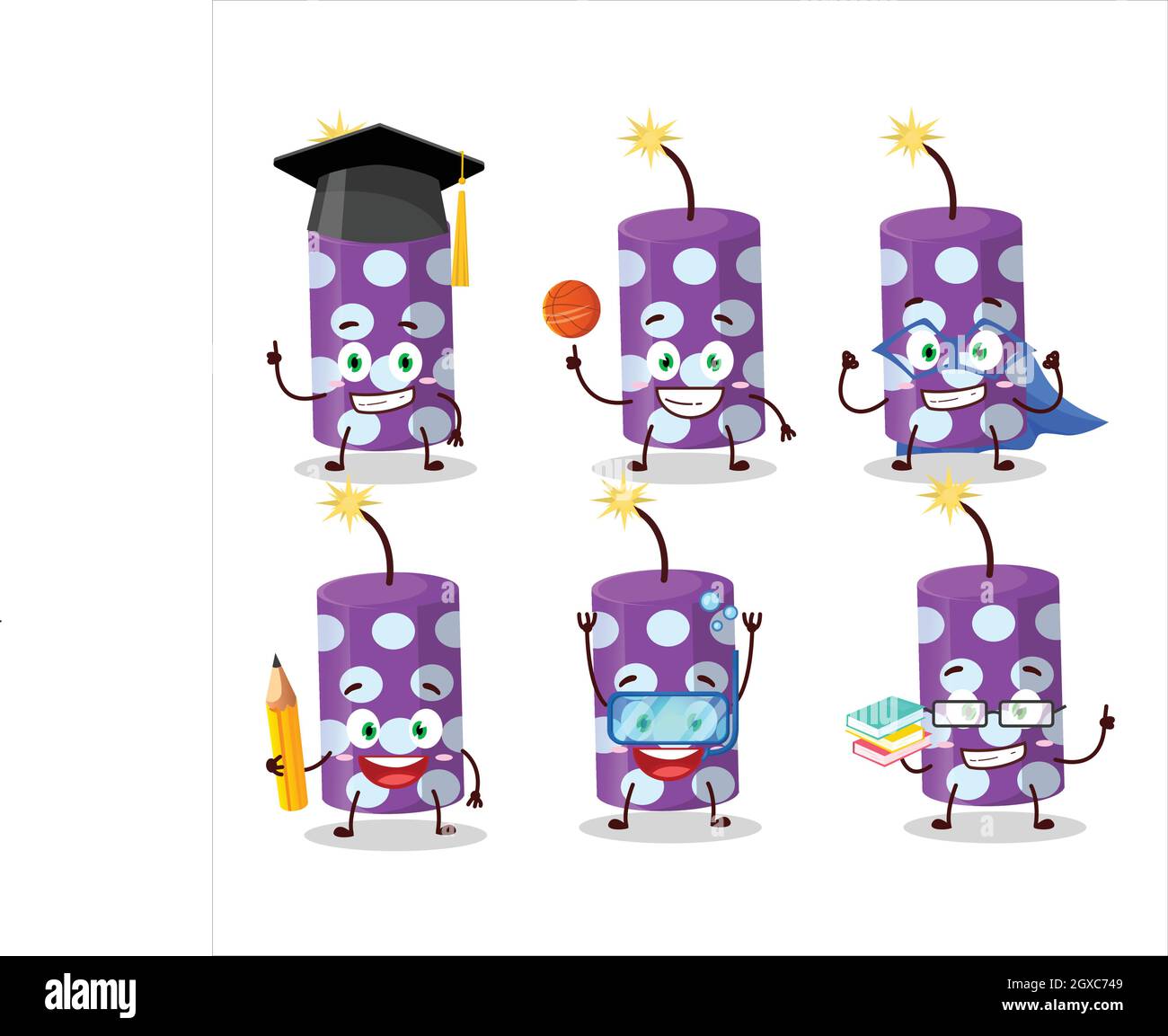 School student of purple firecracker cartoon character with various ...