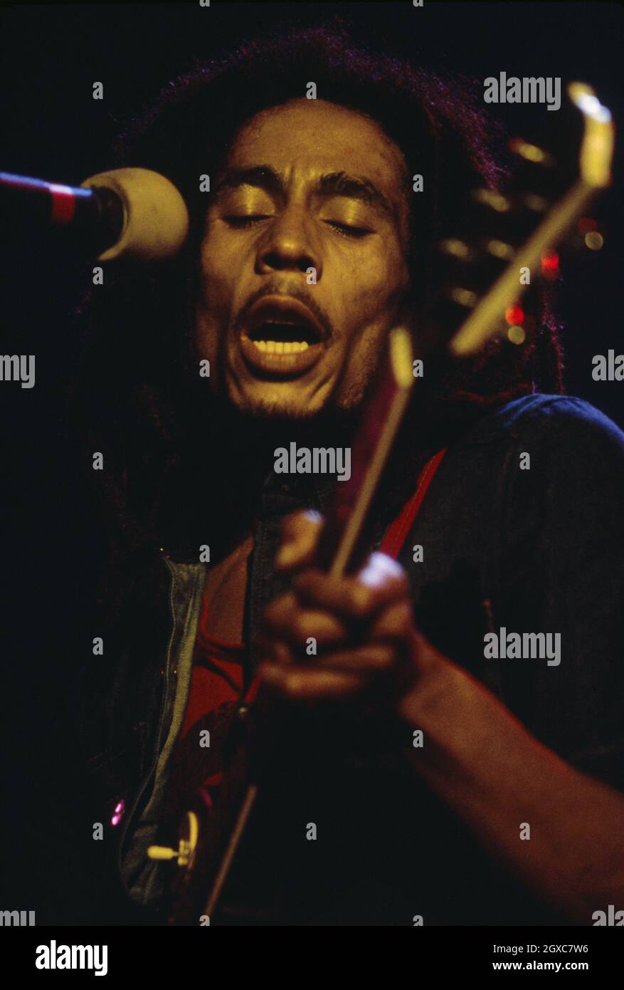 Jamaican reggae singer Bob Marley (1945 - 1981) performing on stage ...