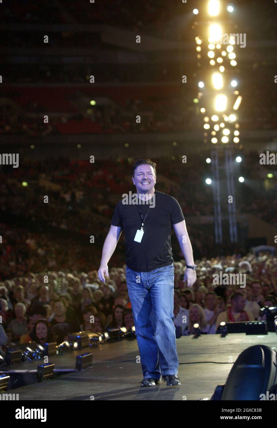 Ricky Gervais on stage at the Concert for Diana, Wembley Stadium ...