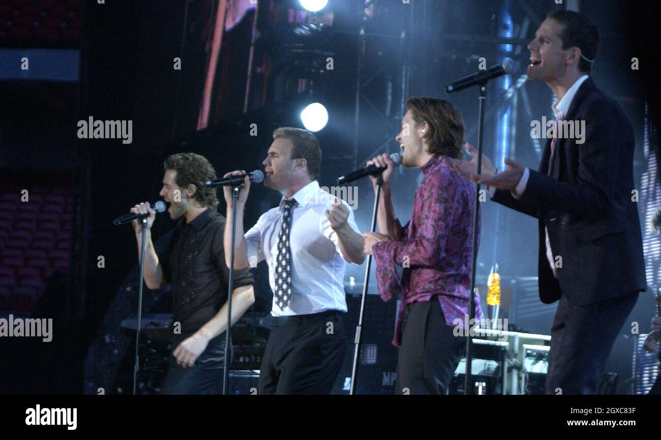 Take That perform on stage at the Concert for Diana, Wembley Stadium ...