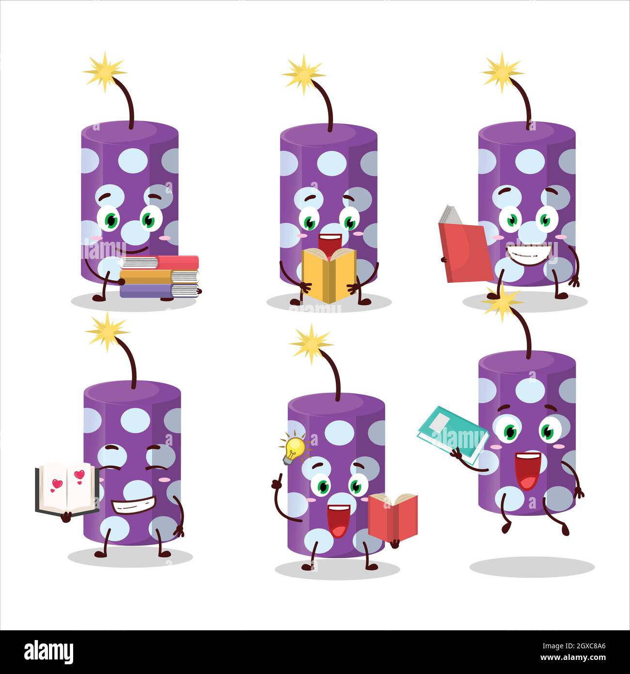 A picture of purple firecracker cartoon character concept reading an ...