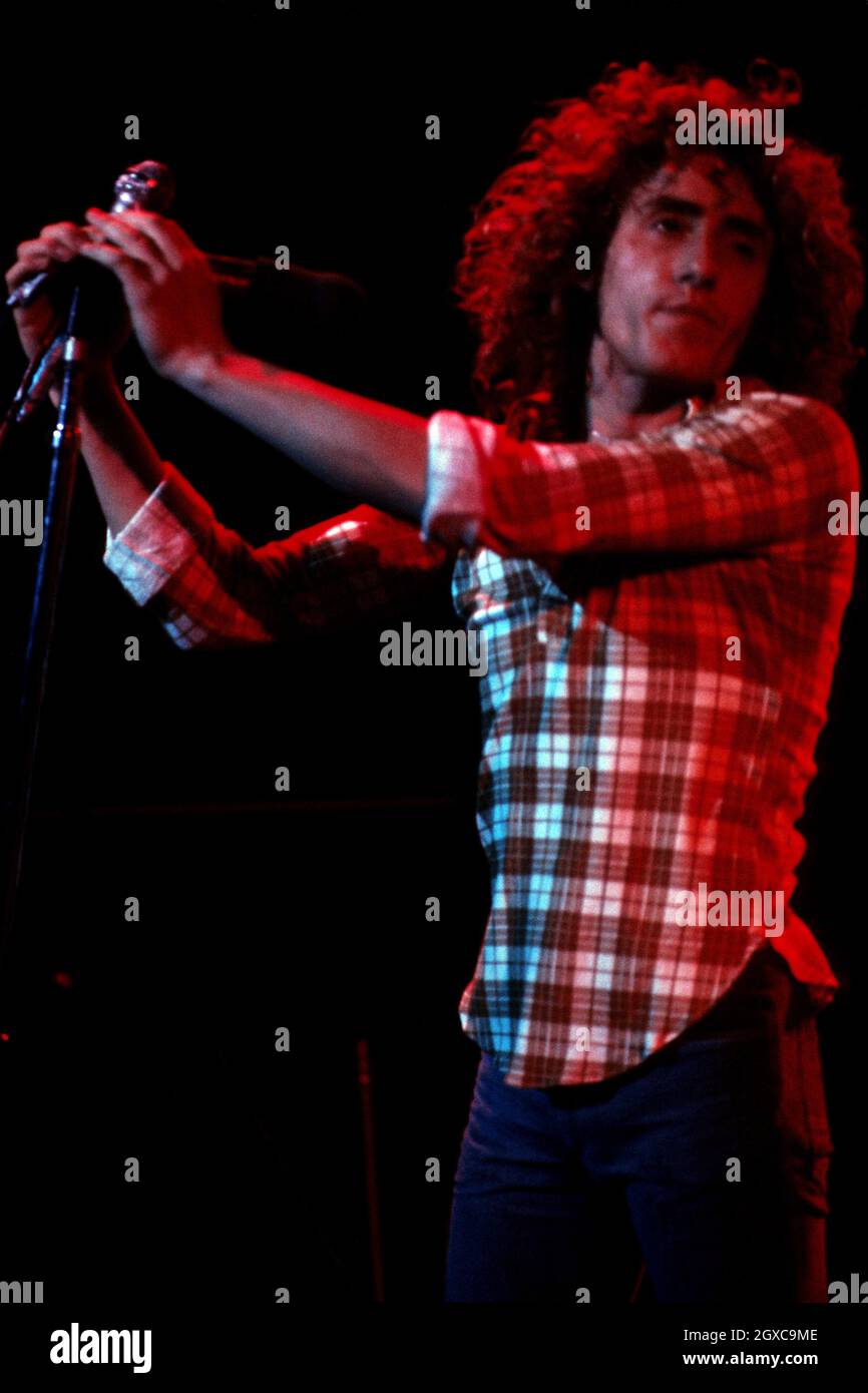 Roger Daltrey, lead singer of the English rock band The Who in concert ...