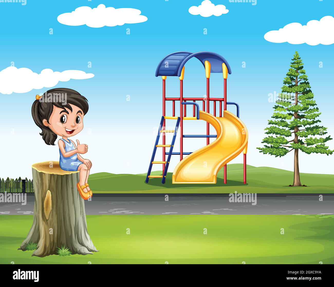 Little girl sitting on log at the park Stock Vector Image & Art - Alamy