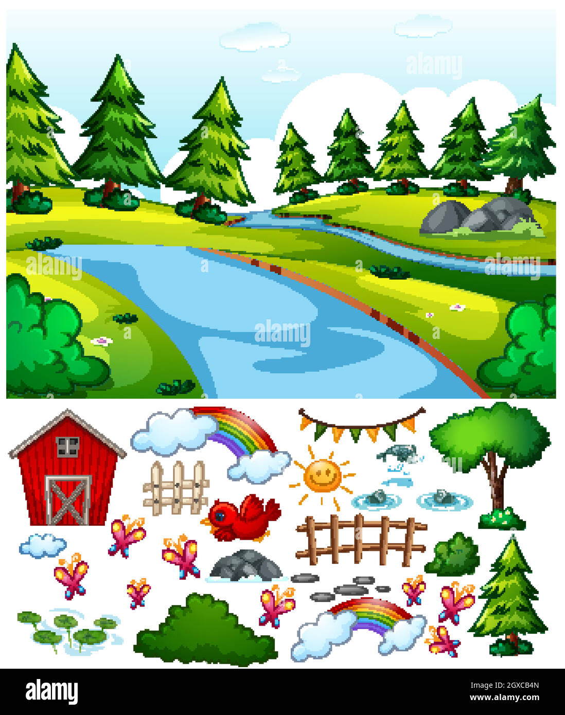 Nature park scene with isolated cartoon character and objects Stock ...