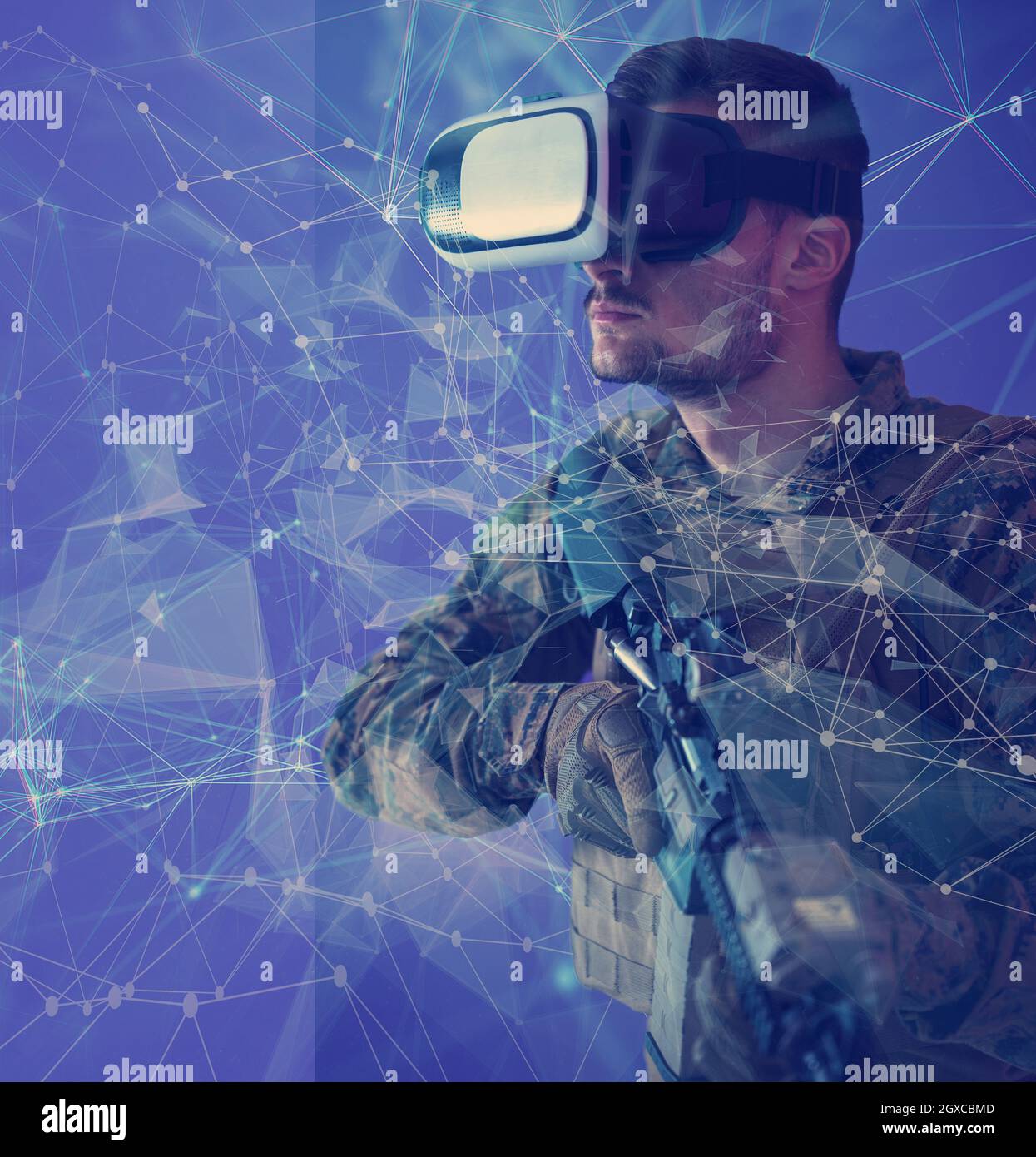 modern warfare futuristic soldier using vr virtual reality glasses with ...