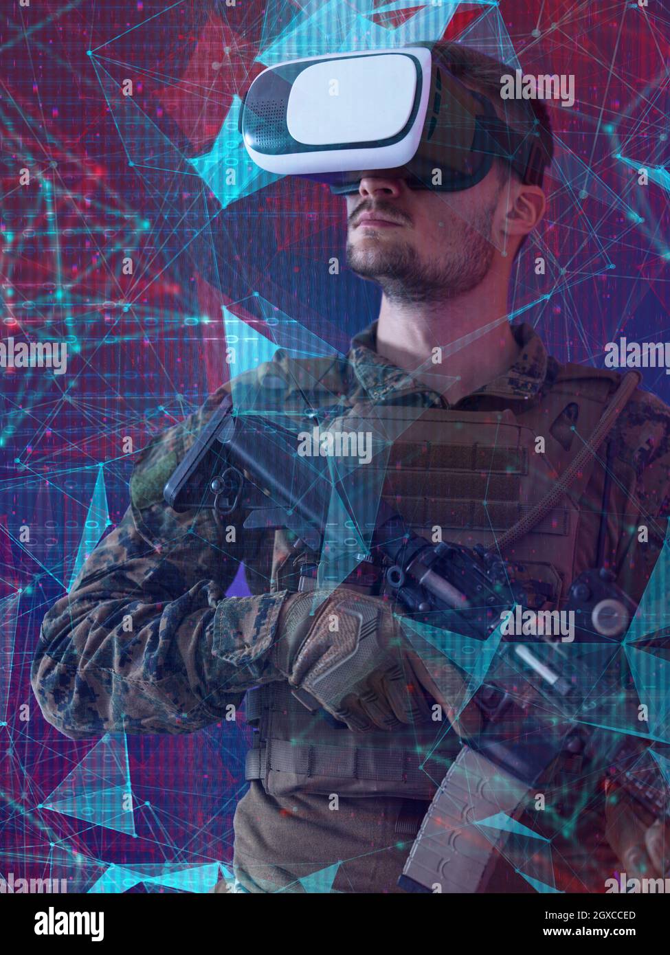 modern warfare futuristic soldier using vr virtual reality glasses with ...
