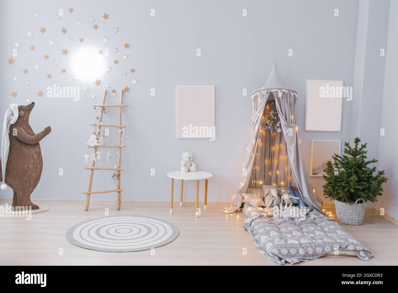 The interior of the children's room, decorated for Christmas. Awning ...