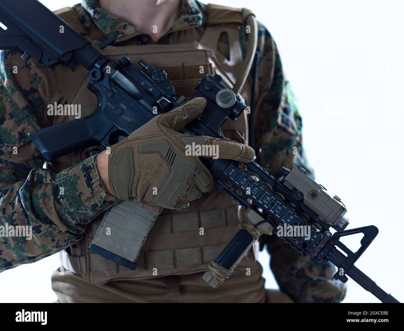 american marine corps special operations soldier with fire arm weapon and protective army ...