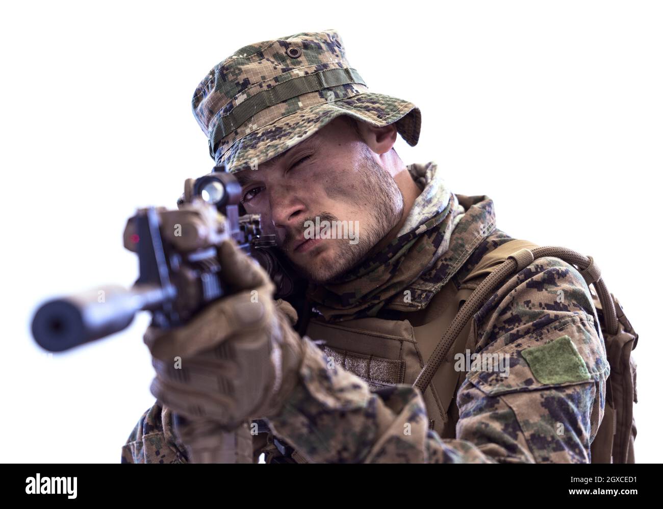 modern warfare american marines soldier aiming on laseer sight optics ...
