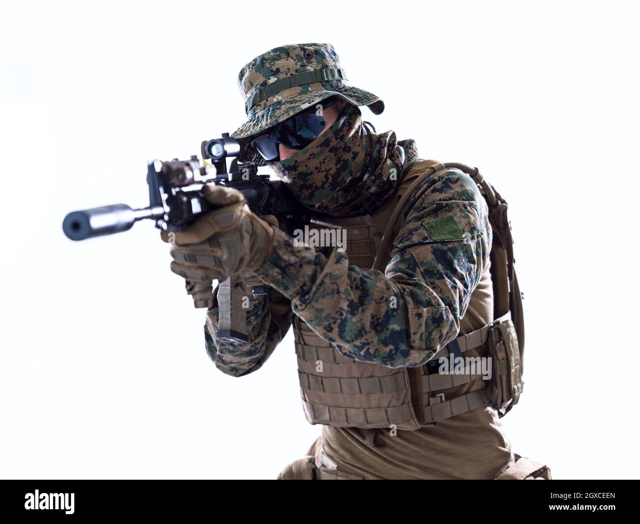 modern warfare american marines soldier aiming in combat position and ...