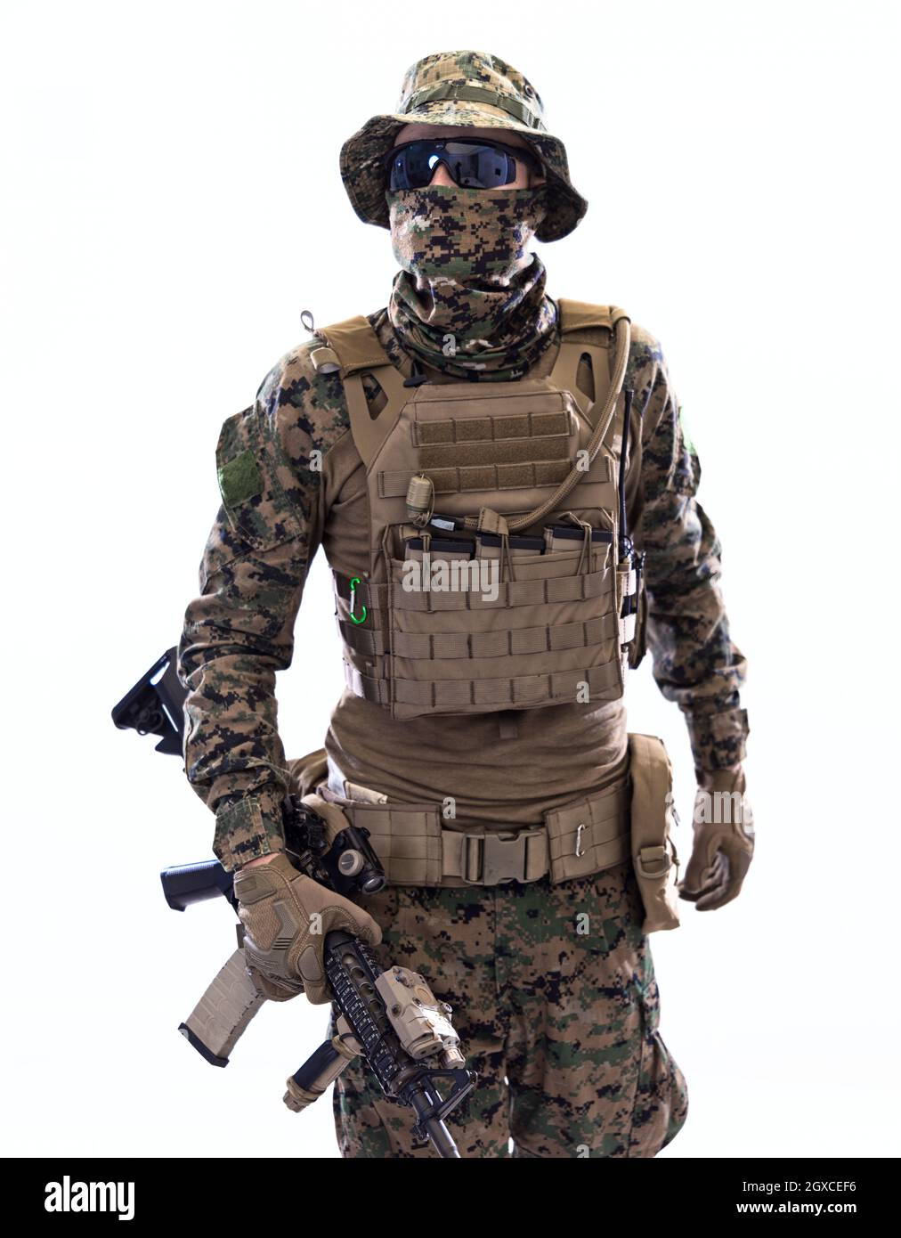 american marine corps special operations soldier with fire arm weapon and protective army ...