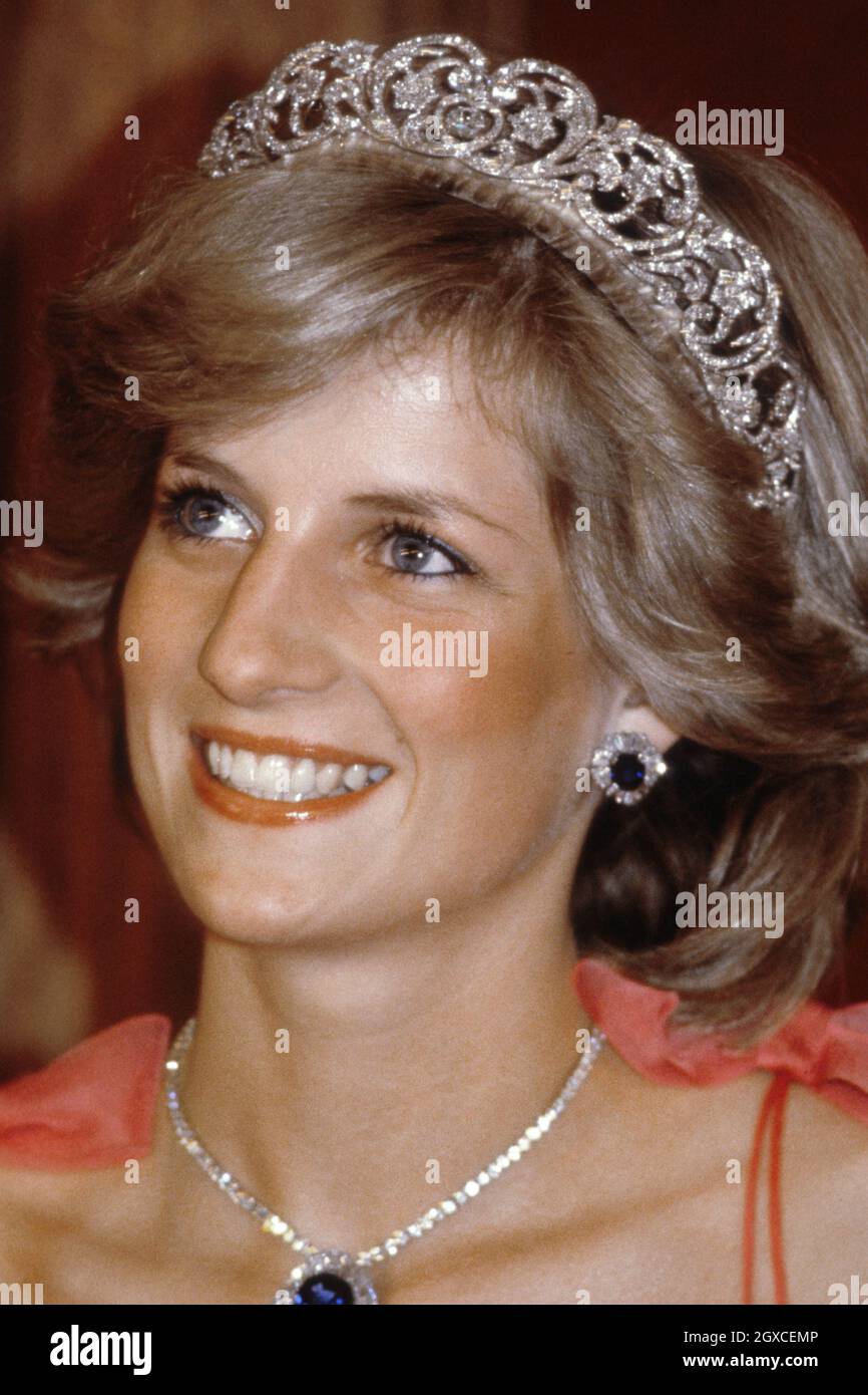 Princess Diana smiles while wearing the Spencer Family Tiara at a State ...
