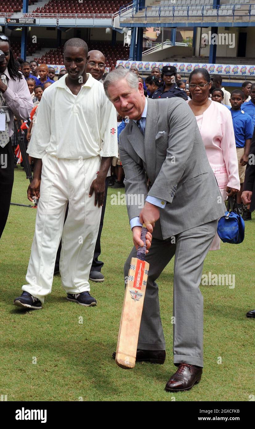 The Prince of Wales tries his hand with a cricket bat on a visit to the ...