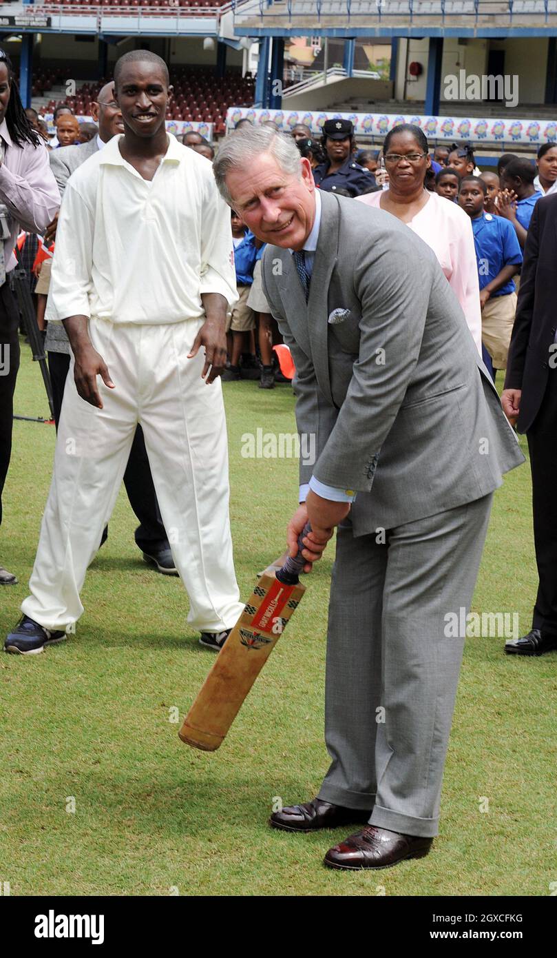 The Prince of Wales tries his hand with a cricket bat on a visit to the ...