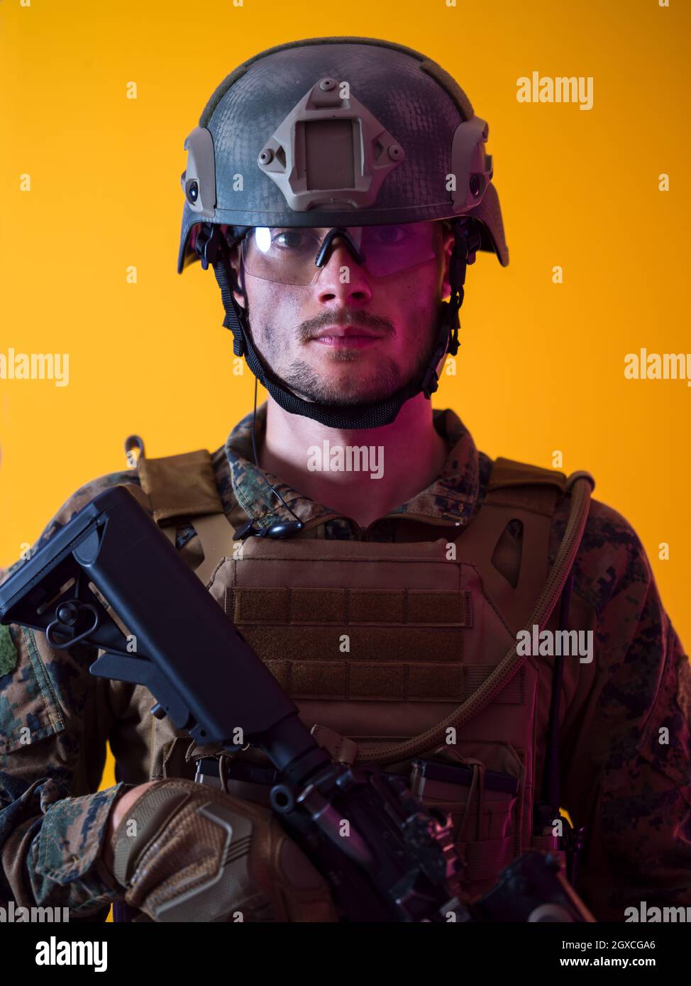 modern warfare marine soldier with fire arm weapon and protective army ...
