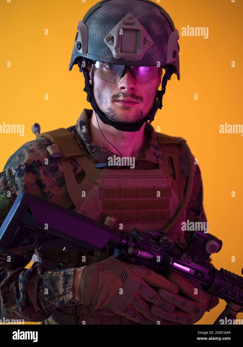 modern warfare marine soldier with fire arm weapon and protective army ...