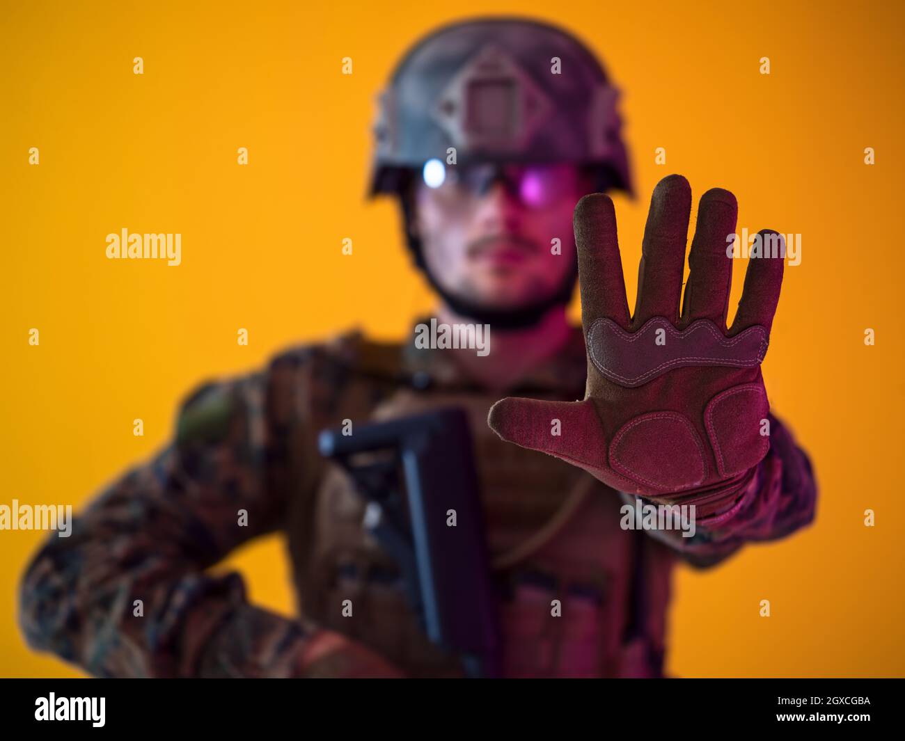 Modern warfare american marines soldier showing stop sign or no passing ...