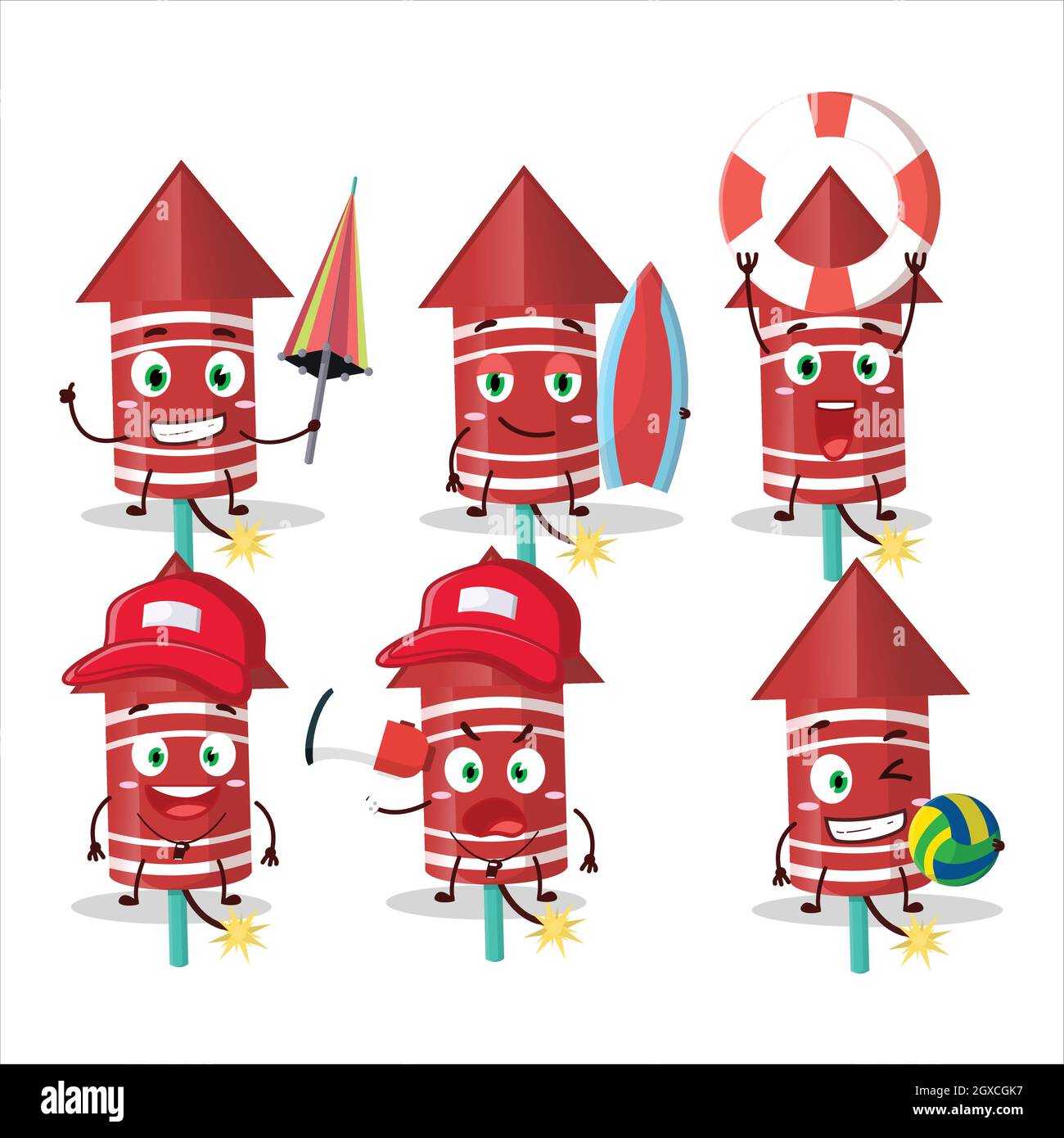 Happy Face red rocket firework cartoon character playing on a beach ...