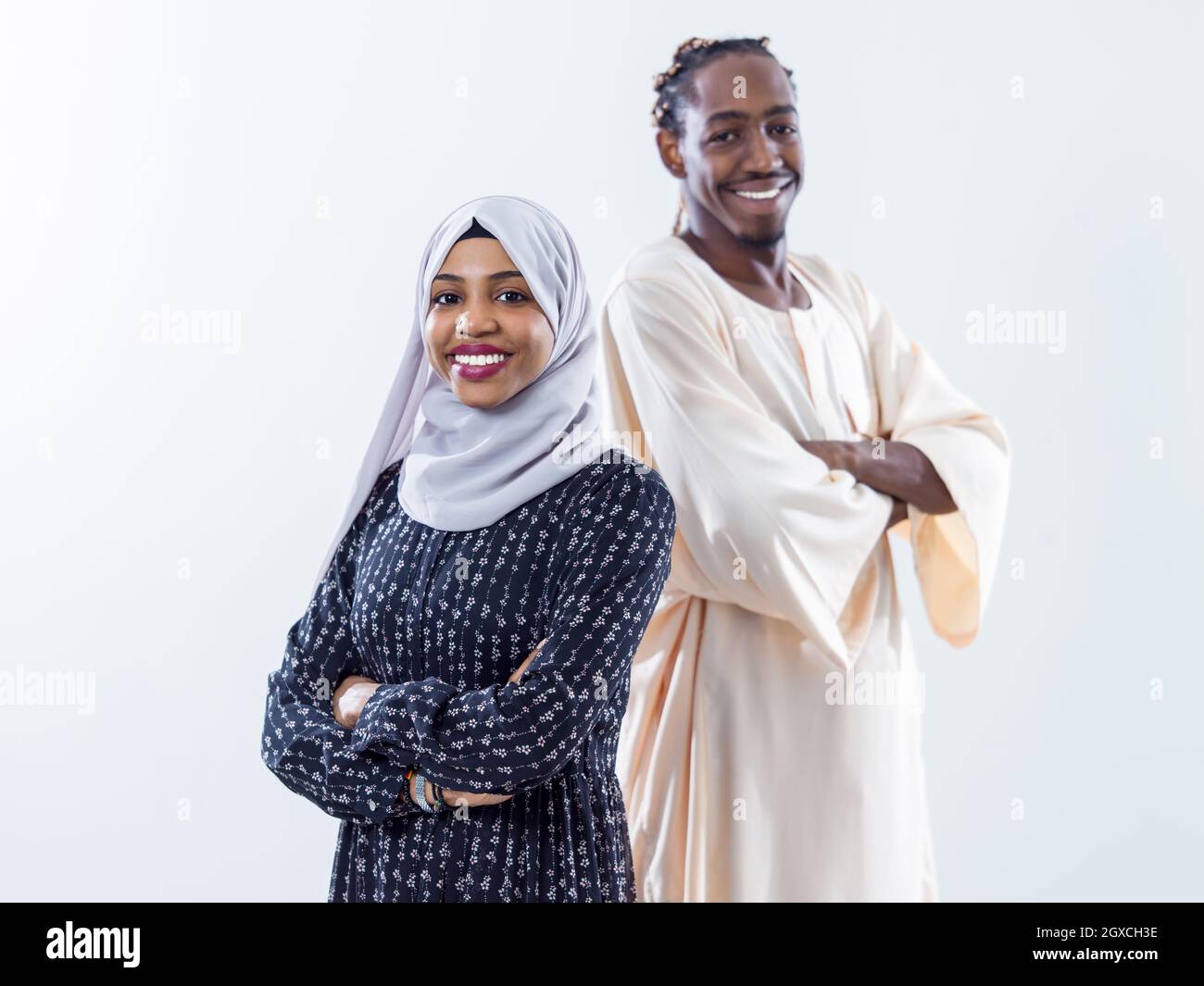 portrait of young african modern muslim couple wearing traditional ...