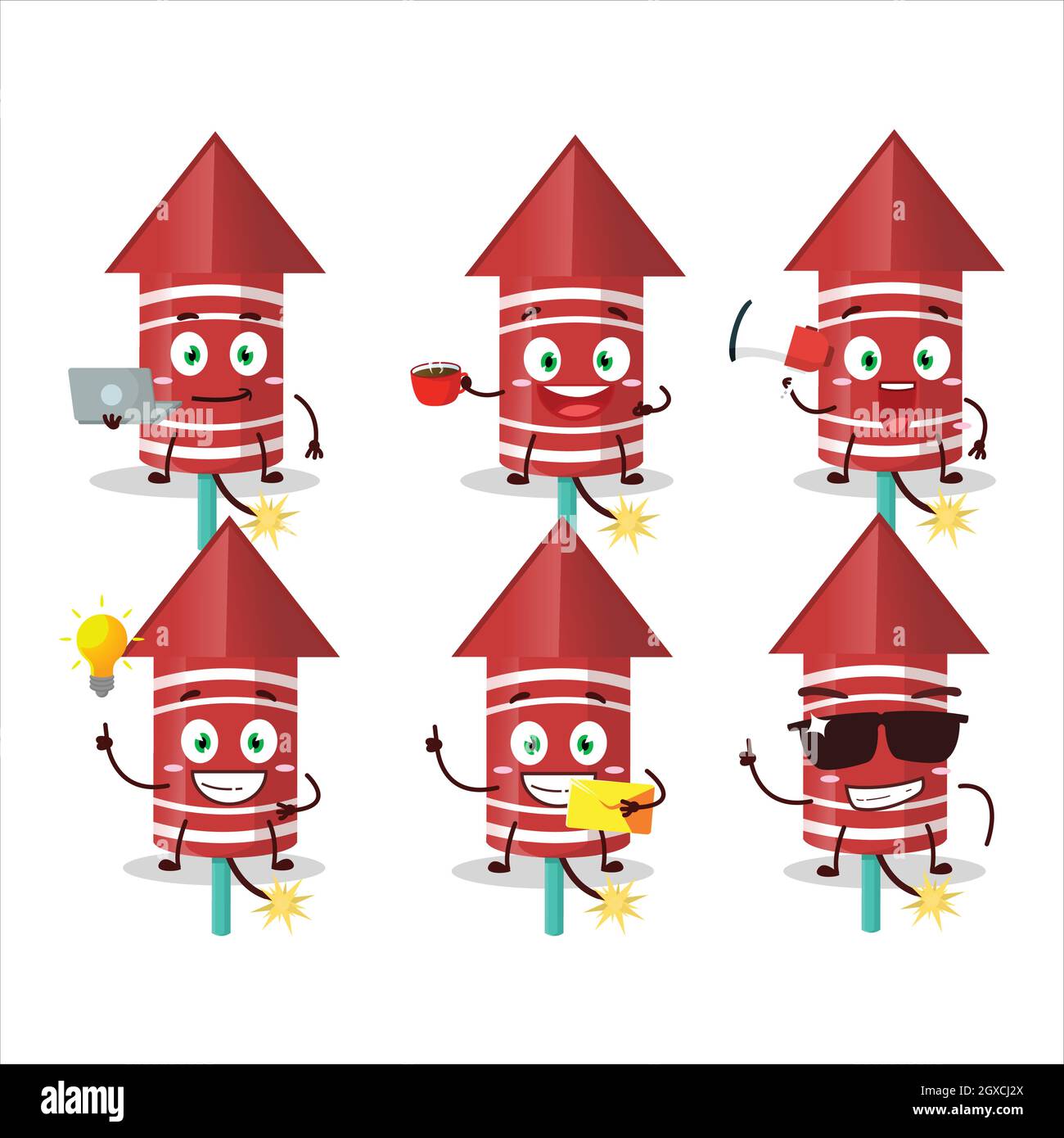 Red rocket firework cartoon character with various types of business ...