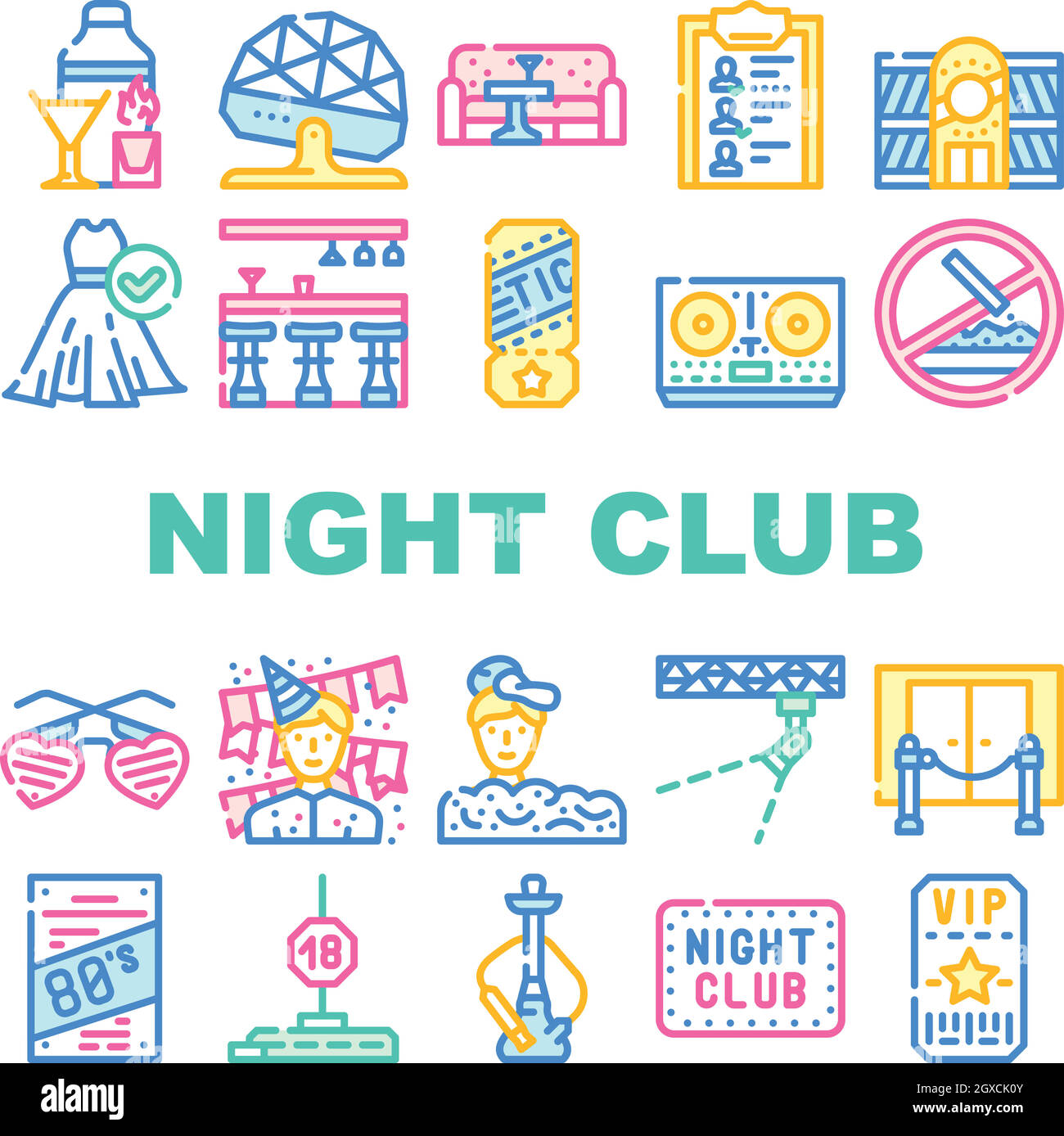 Night Club Dance Party Collection Icons Set Vector Stock Vector Image ...