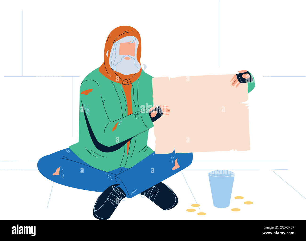Beggar Sitting On Floor And Holding Carton Vector Stock Vector Image ...