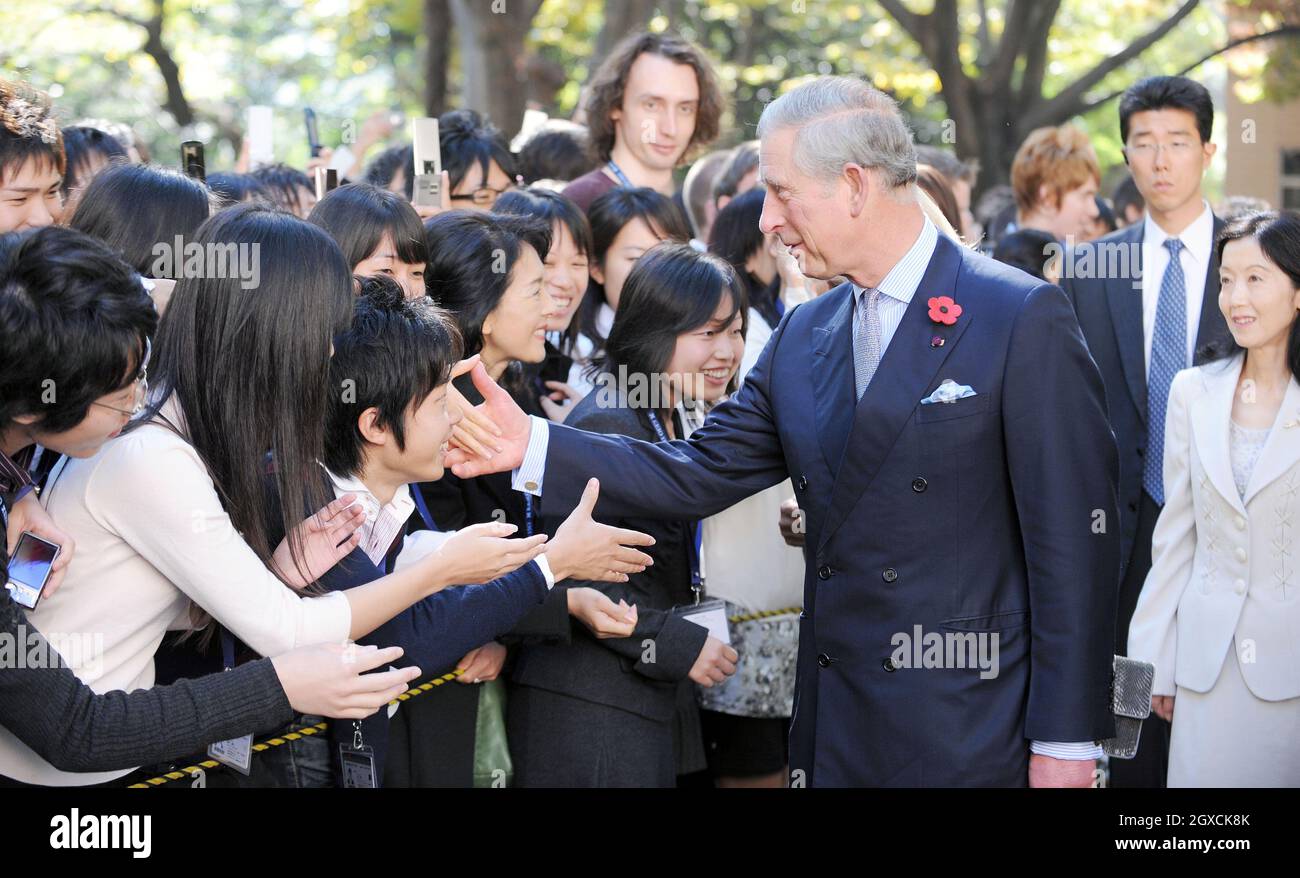 Prince Charles, Prince of Wales arrives at Keio University in Tokyo ...