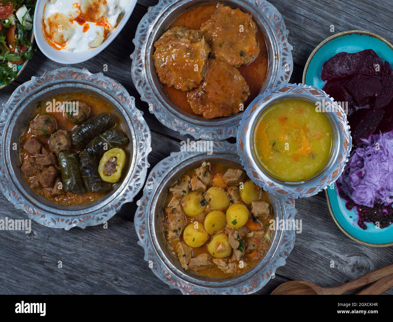 Eid Mubarak Traditional Ramadan Iftar dinner. Assorted tasty food in ...