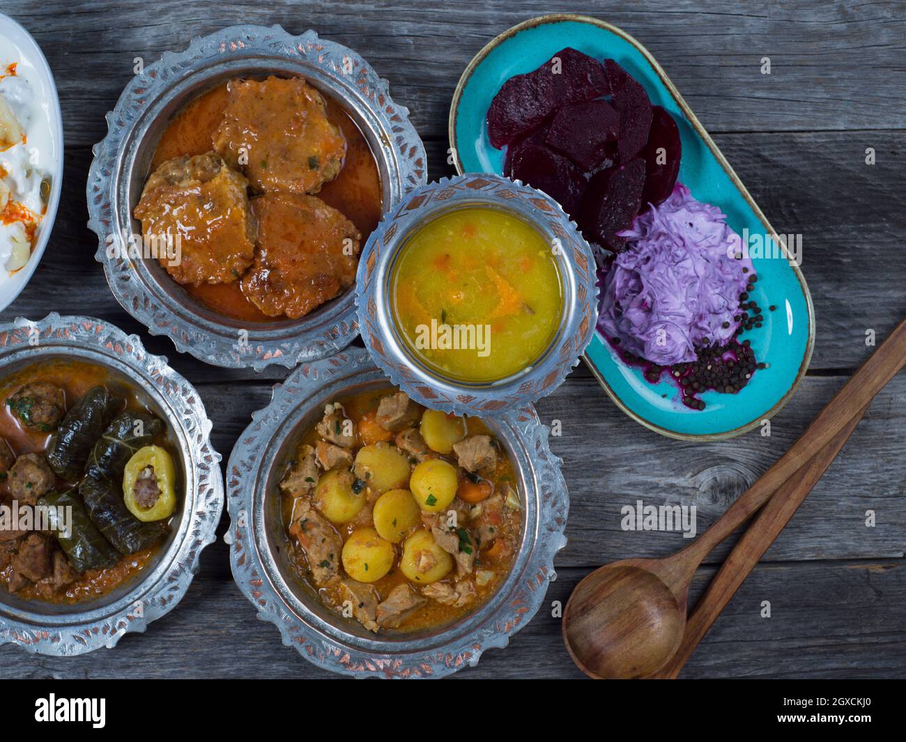 Eid Mubarak Traditional Ramadan Iftar dinner. Assorted tasty food in ...