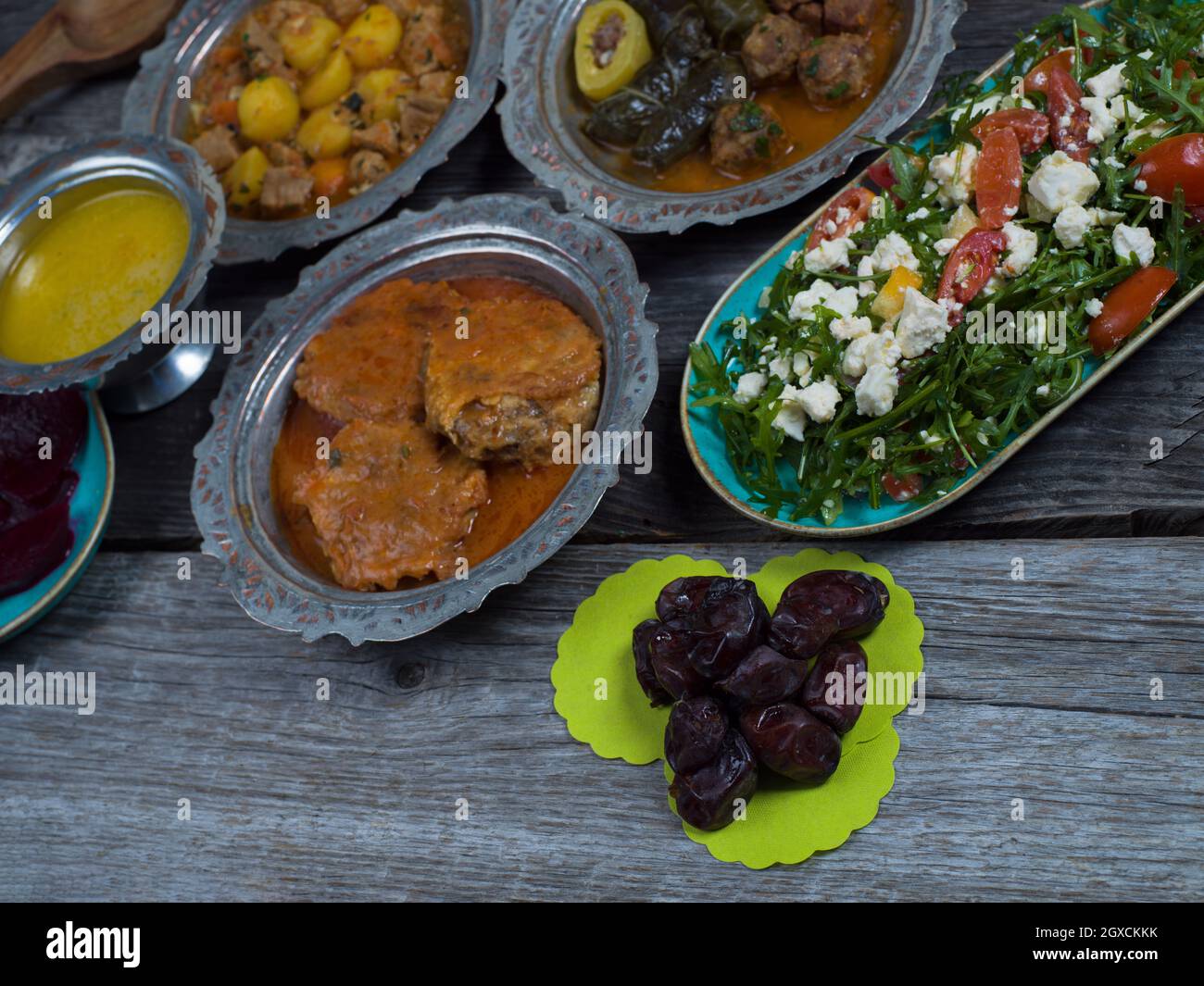 Eid Mubarak Traditional Ramadan Iftar dinner. Assorted tasty food in ...