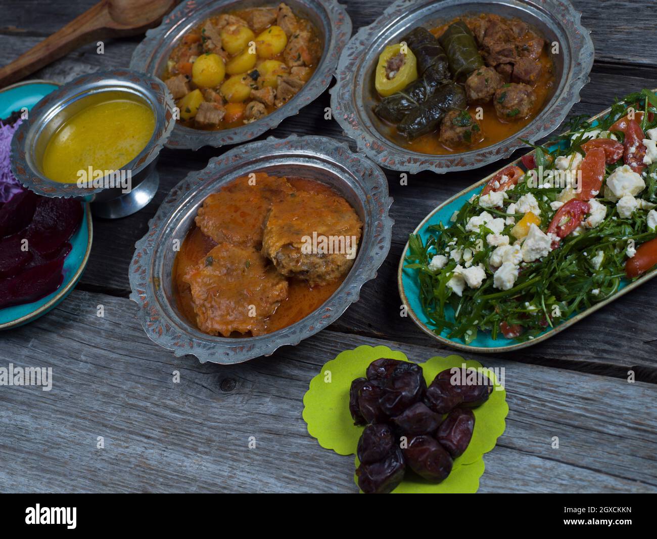 Eid Mubarak Traditional Ramadan Iftar dinner. Assorted tasty food in ...
