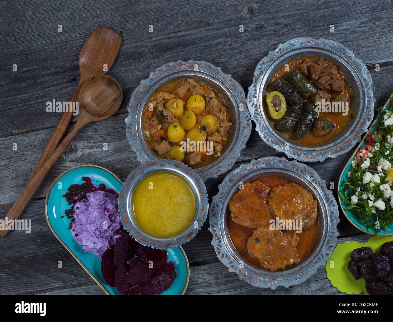 Eid Mubarak Traditional Ramadan Iftar dinner. Assorted tasty food in ...