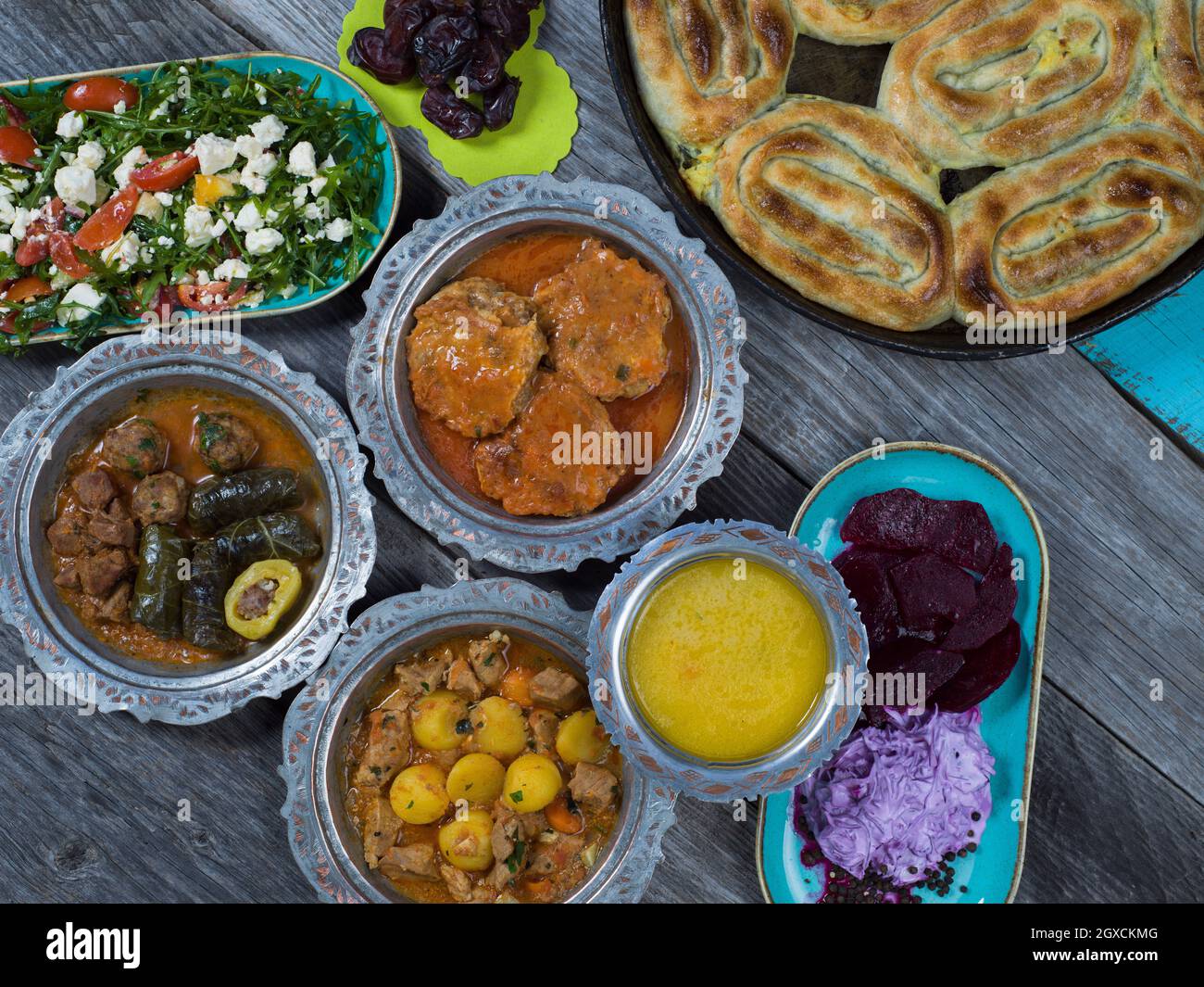 Eid Mubarak Traditional Ramadan Iftar dinner. Assorted tasty food in ...