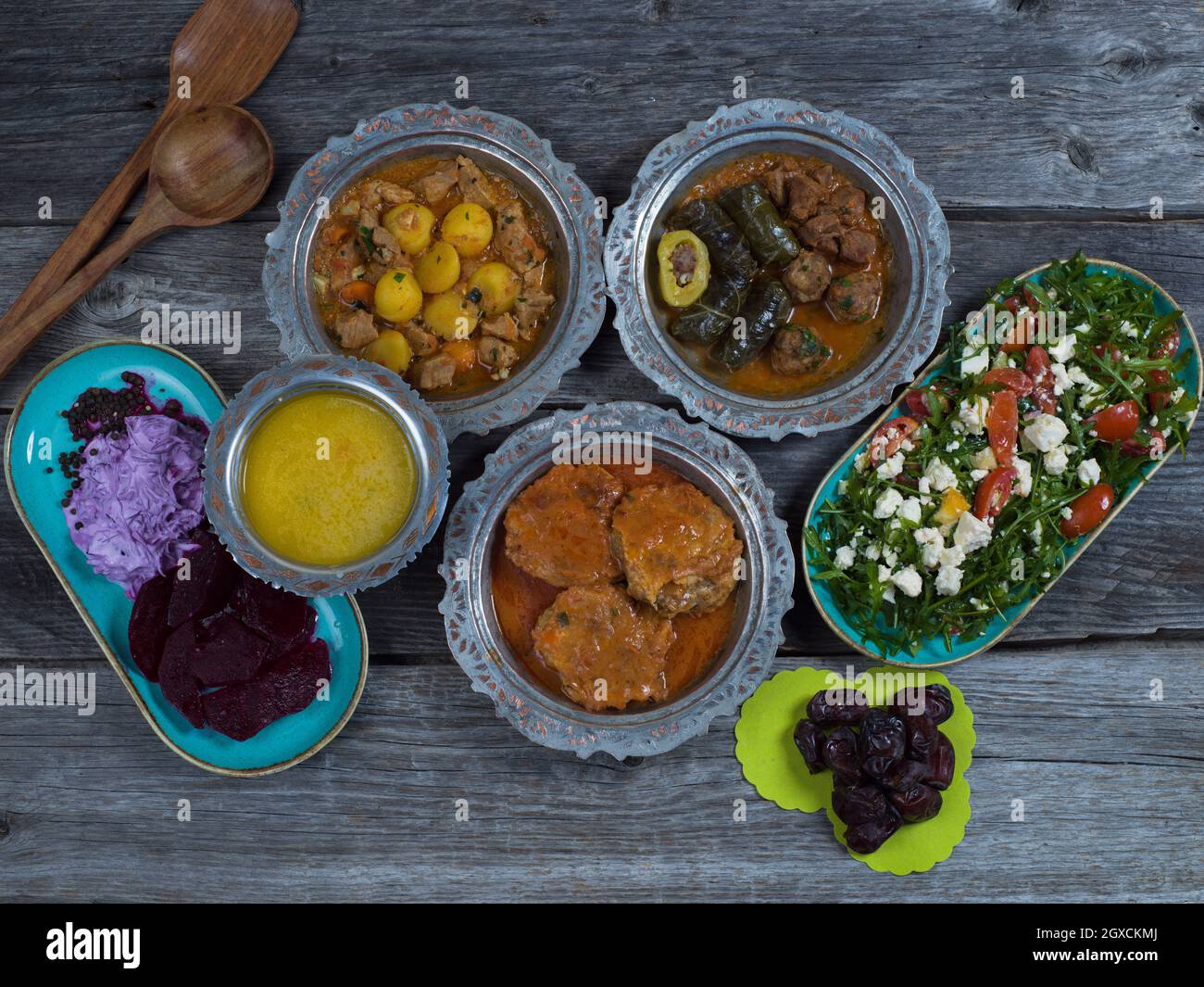 Eid Mubarak Traditional Ramadan Iftar dinner. Assorted tasty food in ...