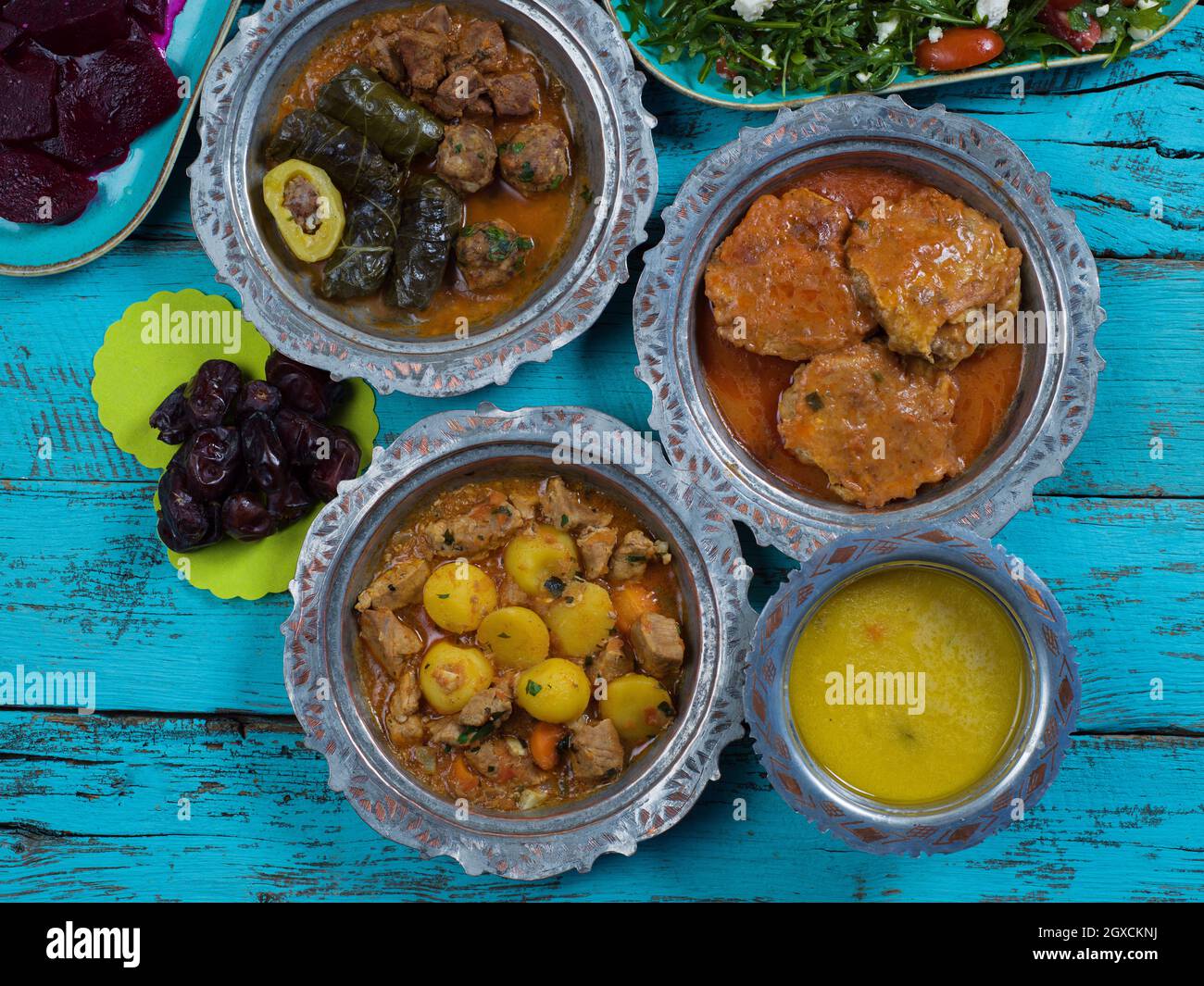 Eid Mubarak Traditional Ramadan Iftar dinner. Assorted tasty food in ...