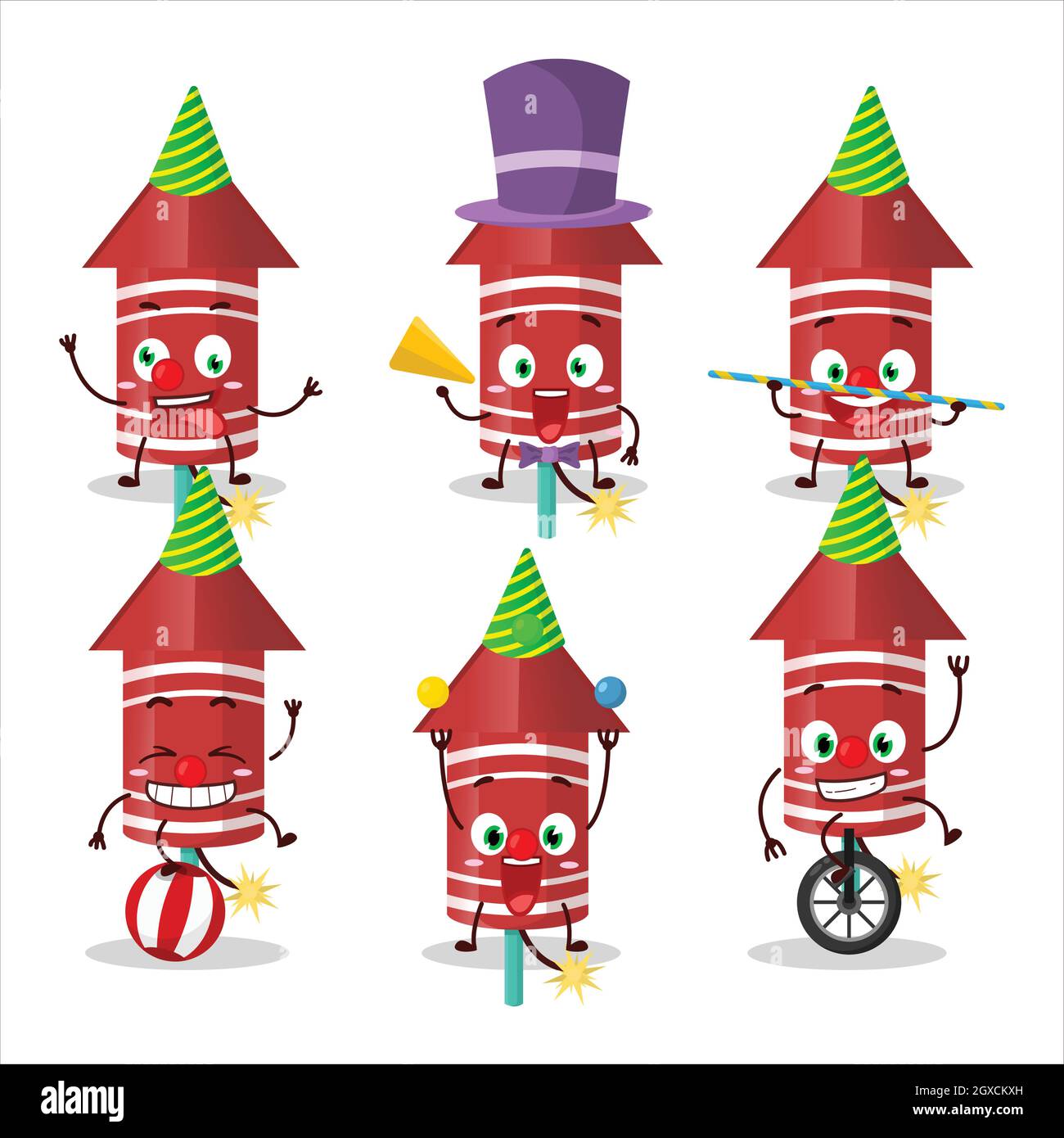 Cartoon character of red rocket firework with various circus shows ...