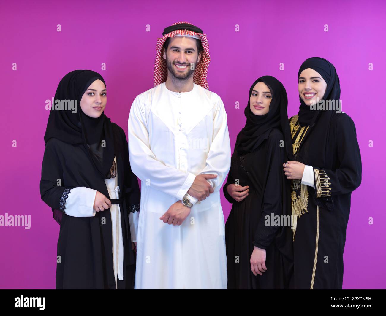 group portrait of young muslim people arabian man with three muslim ...