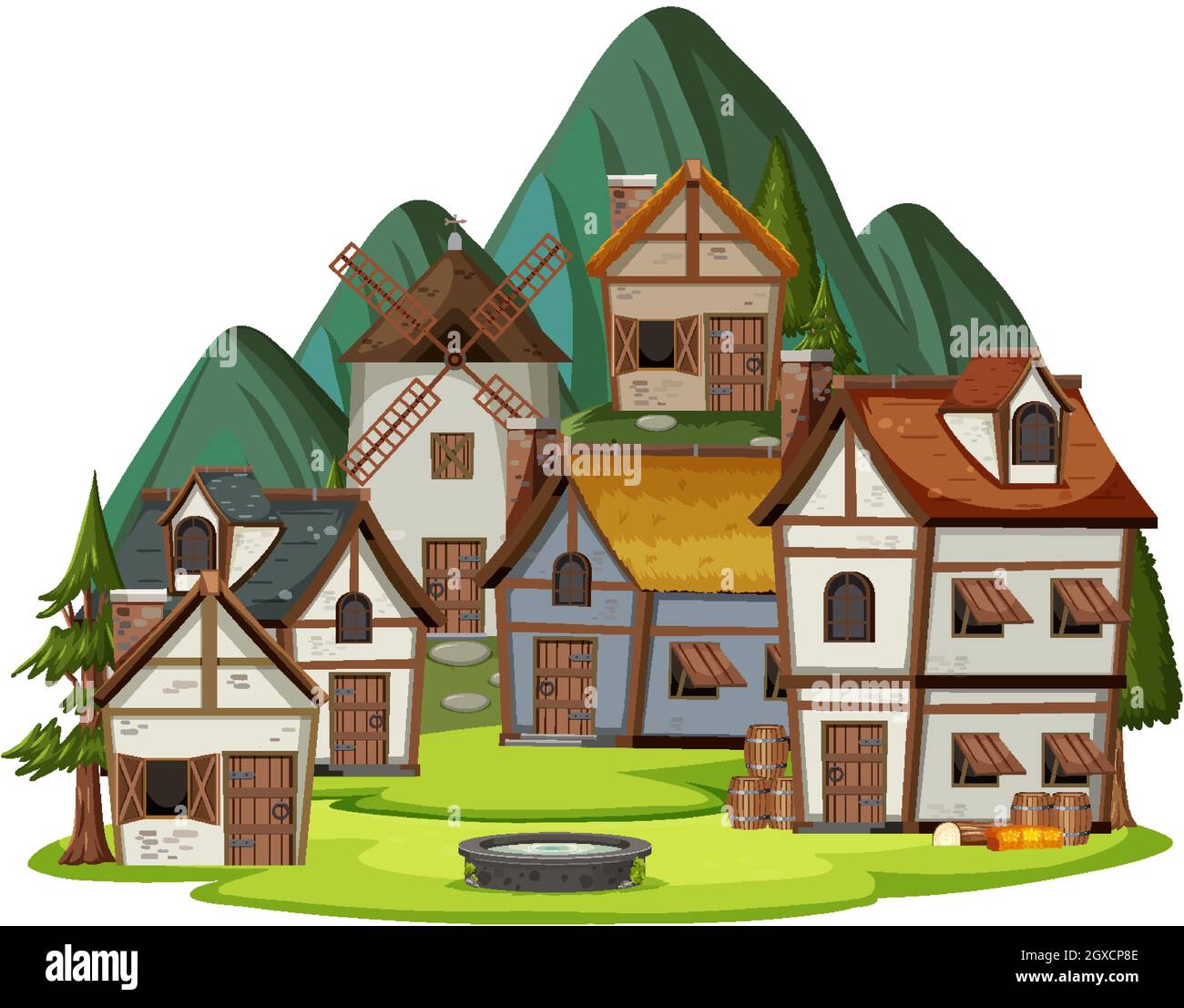 Medieval village scene on white background illustration Stock Vector ...