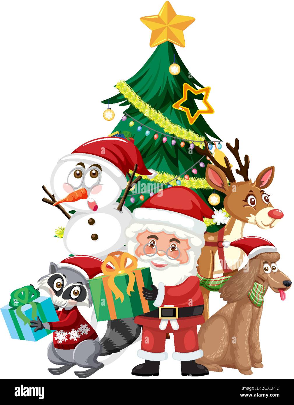 Santa Claus with Snowman and Christmas tree illustration Stock Vector ...