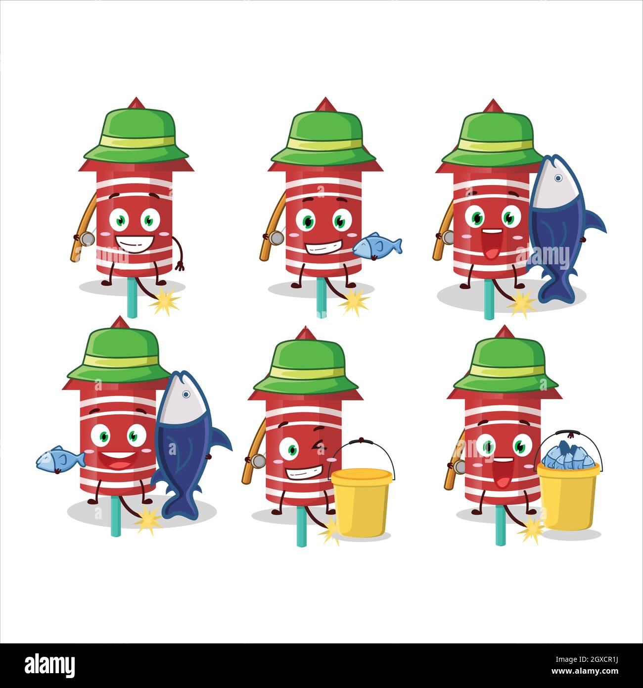 A fisherman red rocket firework cartoon picture catch a big fish ...