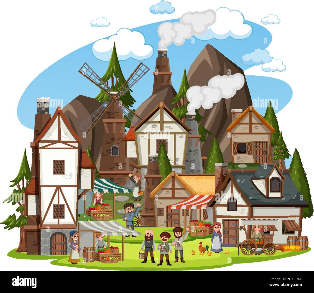 Medieval village with villagers on white background illustration Stock ...