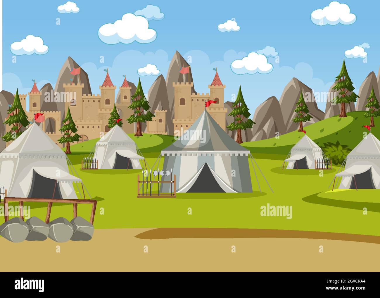 Military medieval camp with tents and castle illustration Stock Vector ...