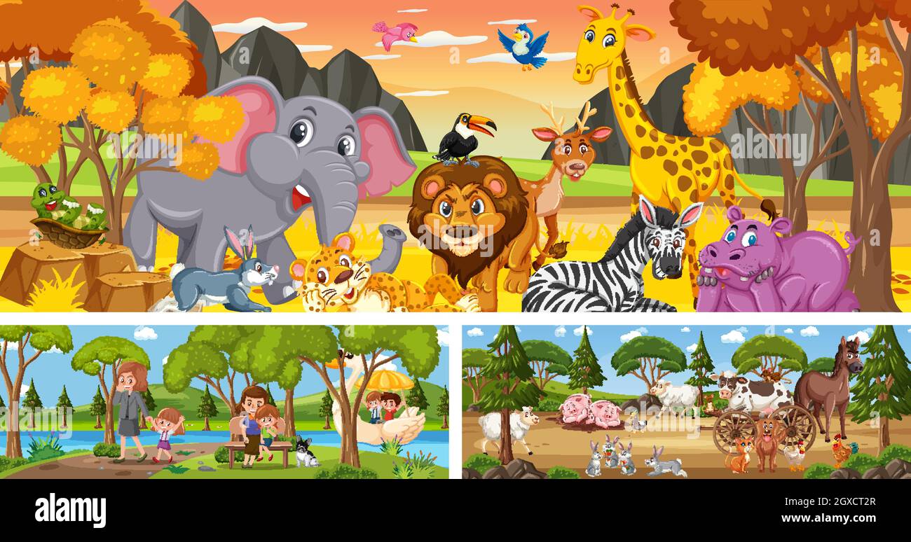 Different scene set with outdoor panoramic landscape in cartoon style ...